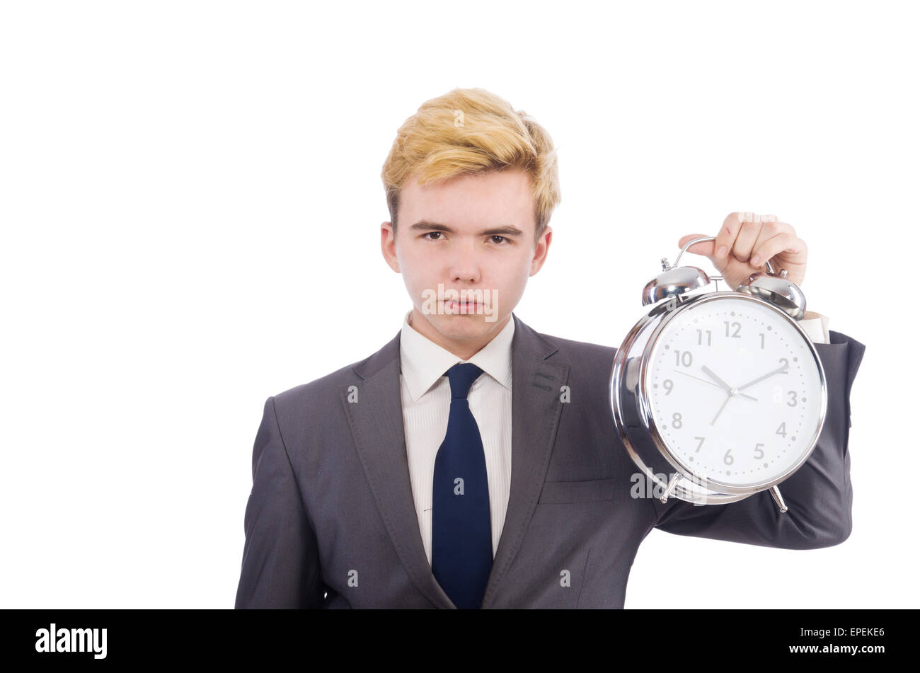 Businessman with clock isolated on white Stock Photo - Alamy