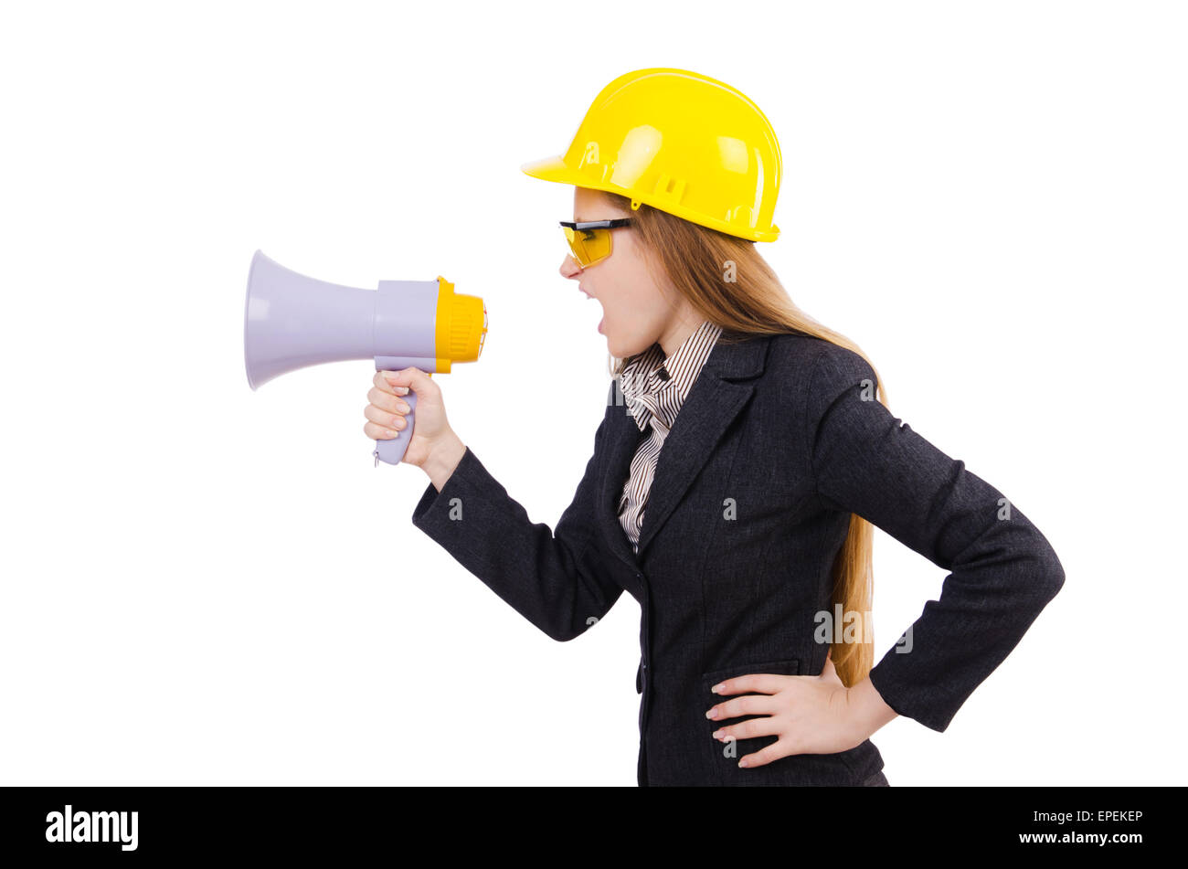 Female construction worker with loudspeaker isolated on white Stock ...
