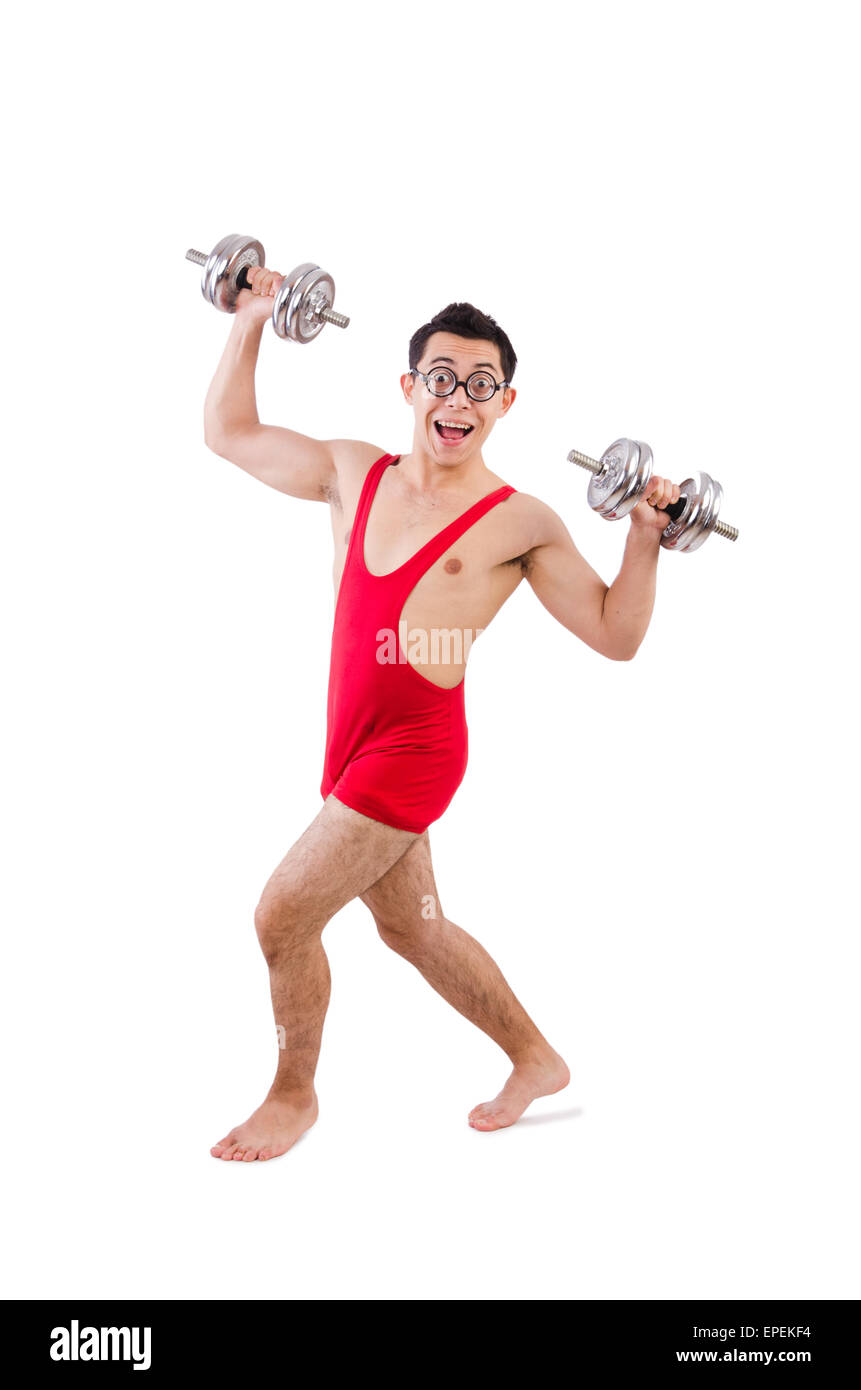Funny guy with dumbbels on white Stock Photo - Alamy