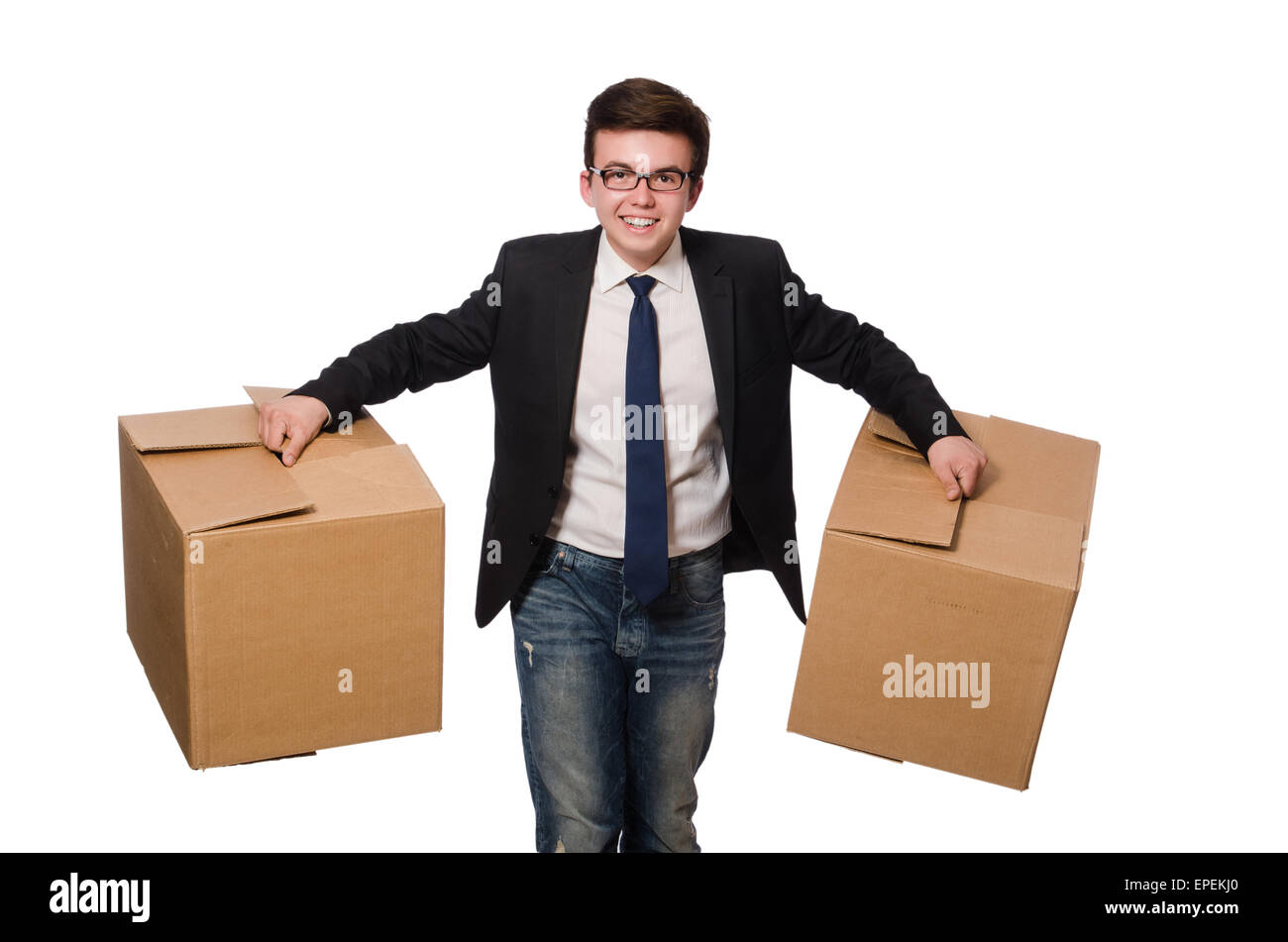 Funny man with boxes isolated on white Stock Photo - Alamy