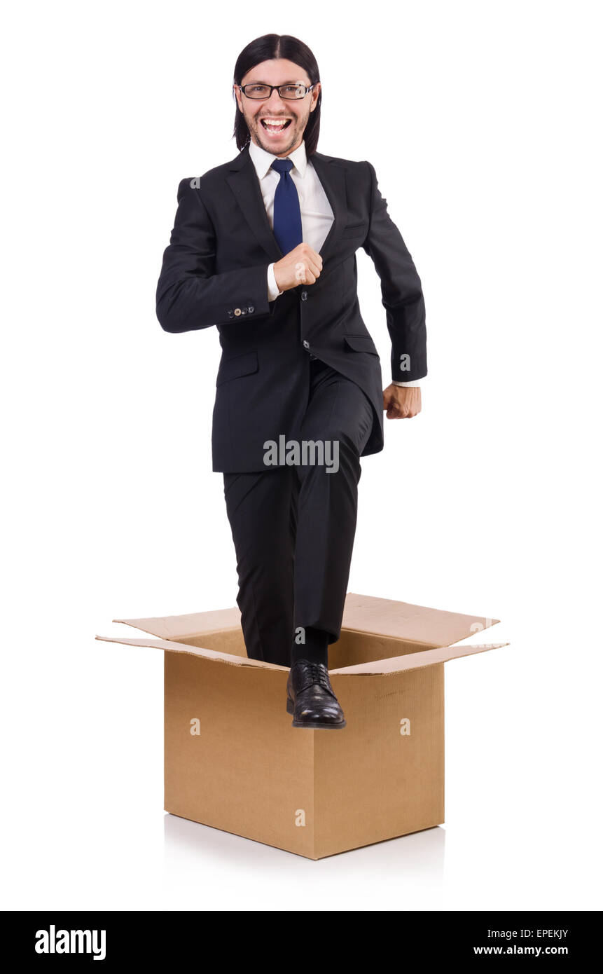 Man in thinking out of the box concept Stock Photo - Alamy