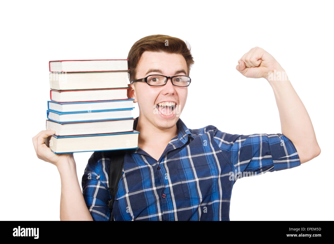 Funny student with stack of books Stock Photo - Alamy