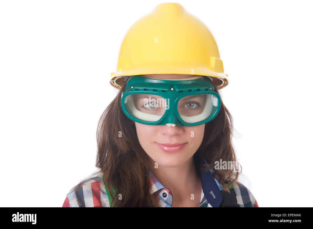 Woman wearing goggles in safety concept Stock Photo - Alamy