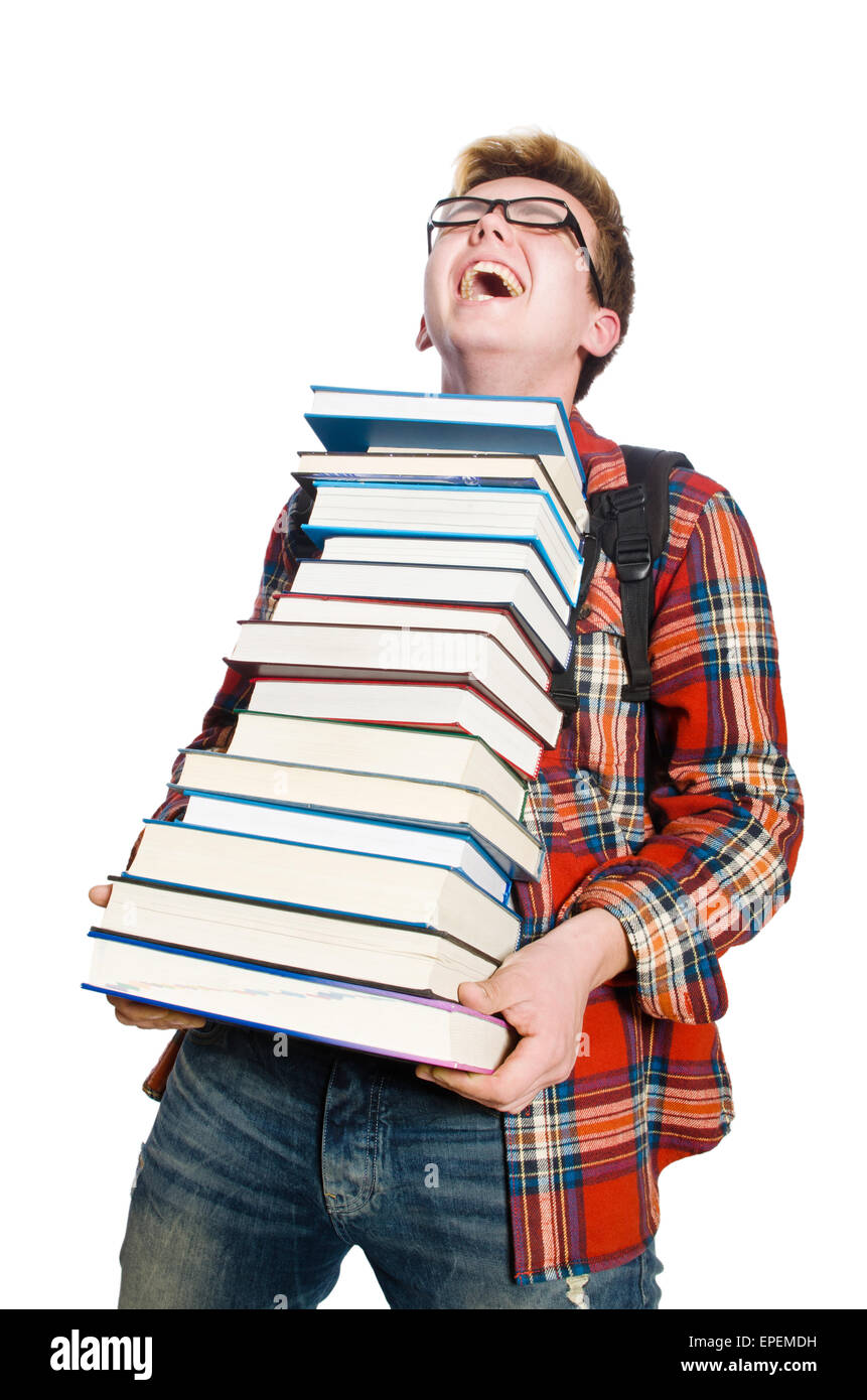 Funny student with lots of books Stock Photo - Alamy