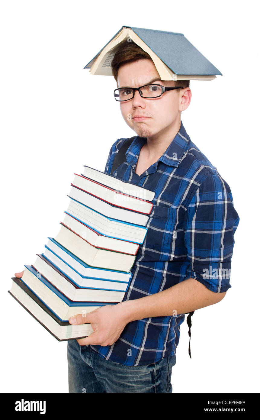 Funny student with stack of books Stock Photo - Alamy