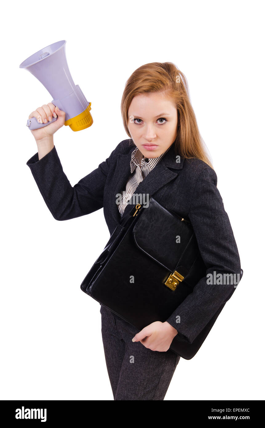 Woman with loudspeaker isolated on the white Stock Photo - Alamy