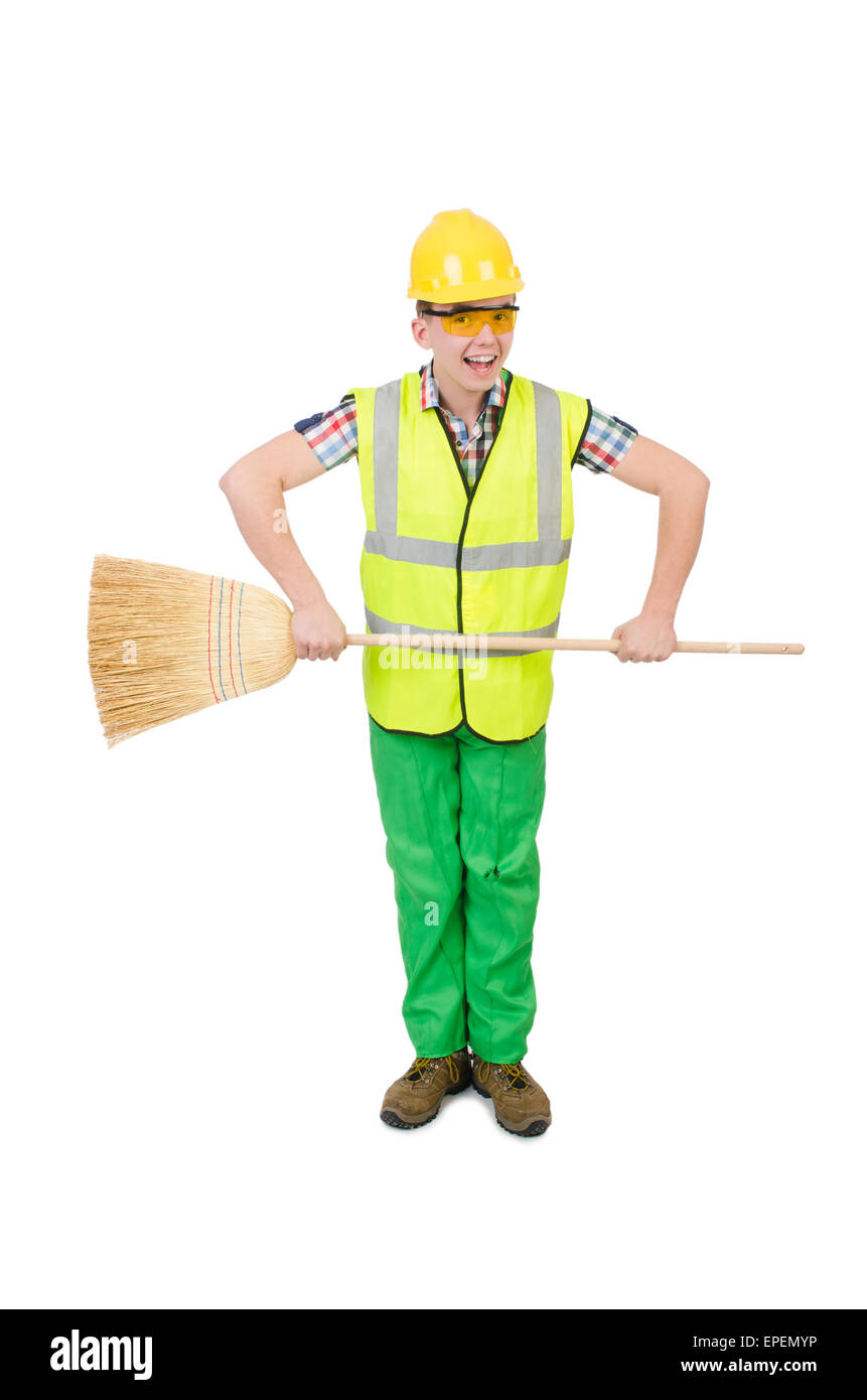 Funny janitor with broom isolated on white Stock Photo - Alamy