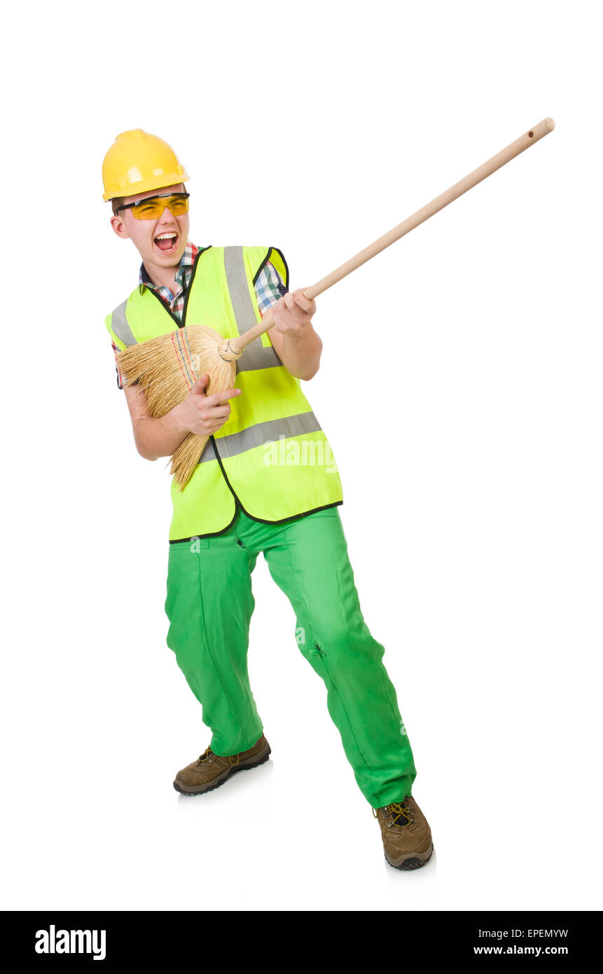 Funny janitor with broom isolated on white Stock Photo - Alamy