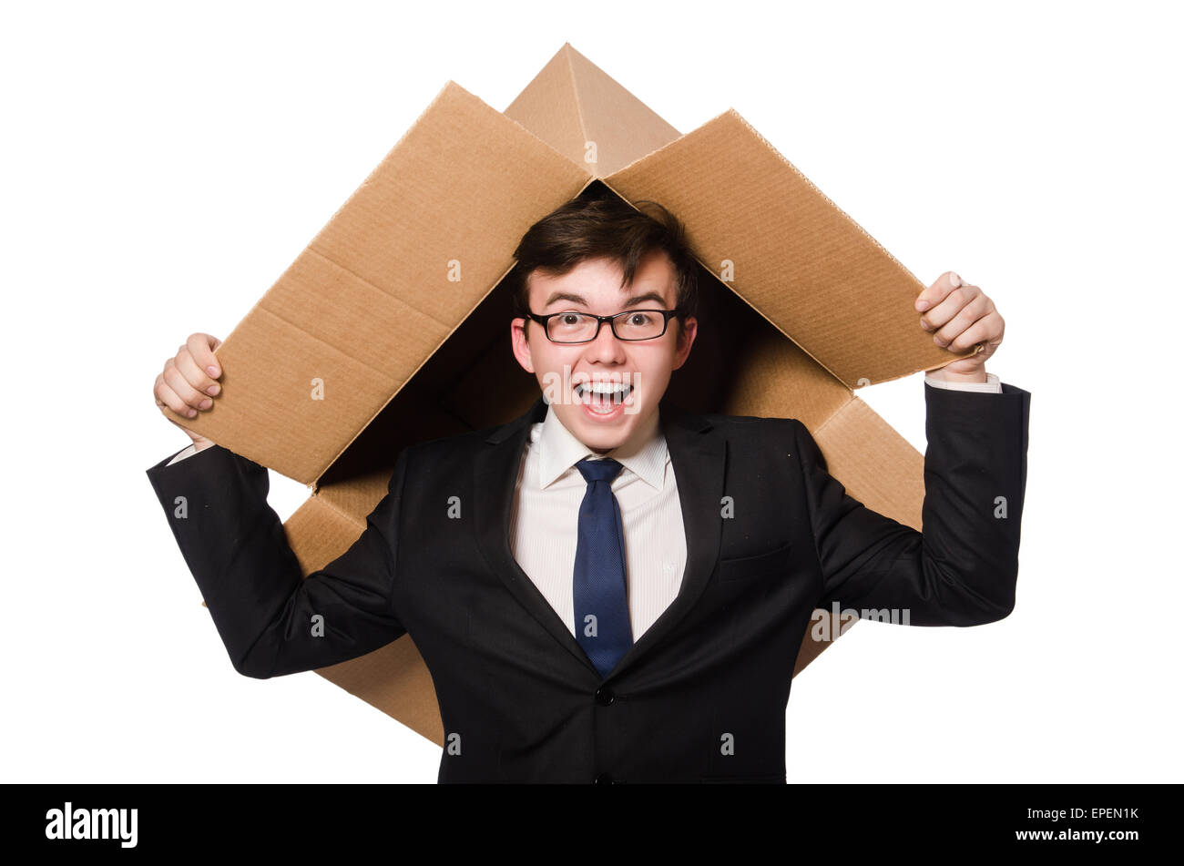 Funny man with boxes isolated on white Stock Photo - Alamy