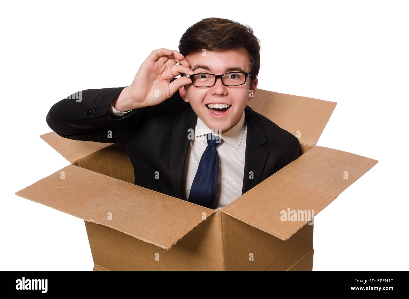 Funny man with boxes isolated on white Stock Photo - Alamy