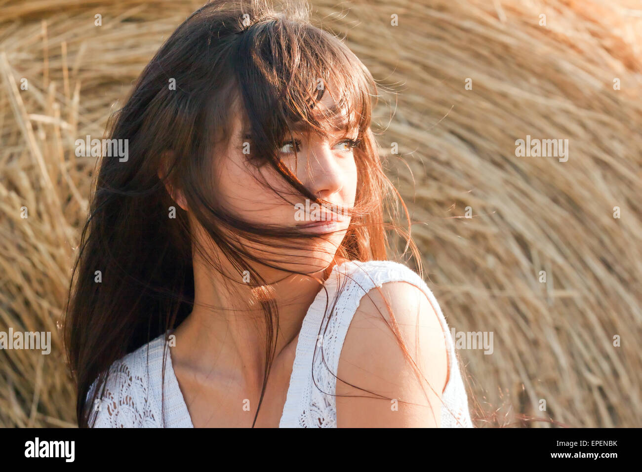 summer portrait of a cute long-haired lady in windy weather Stock Photo ...