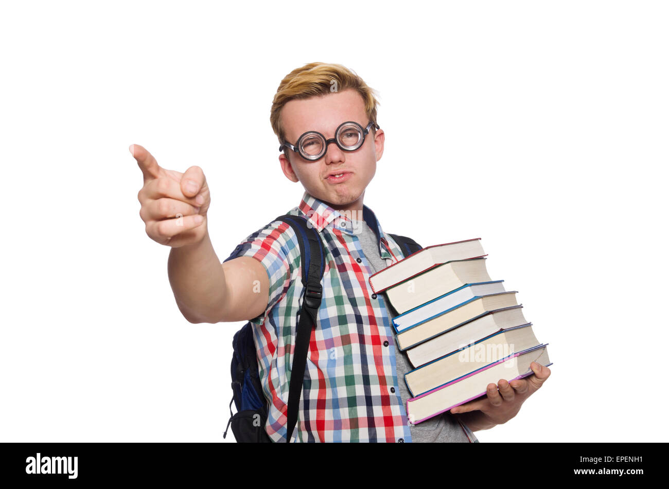 Funny student with stack of books Stock Photo - Alamy