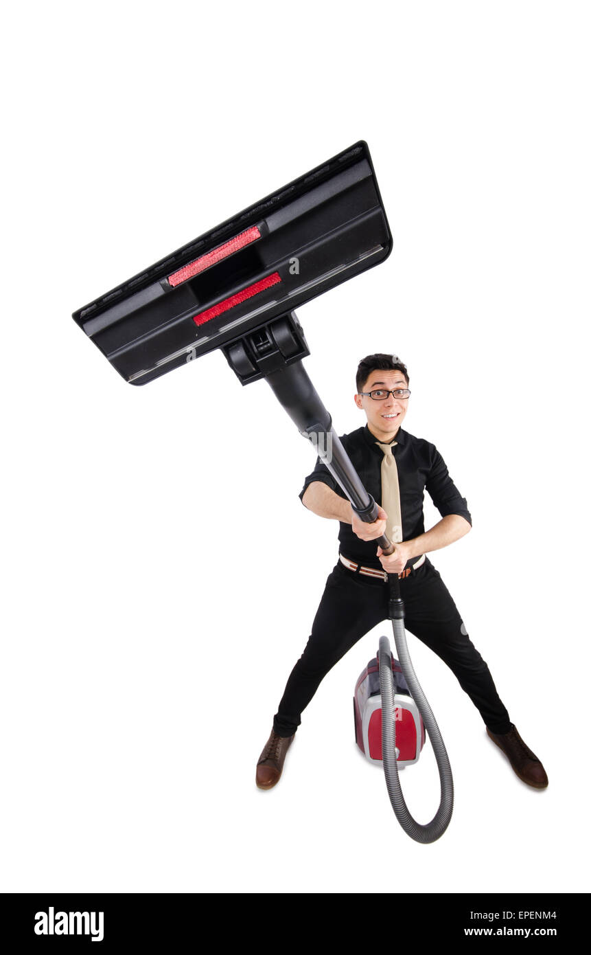 Man with vacuum cleaner isolated on white Stock Photo - Alamy