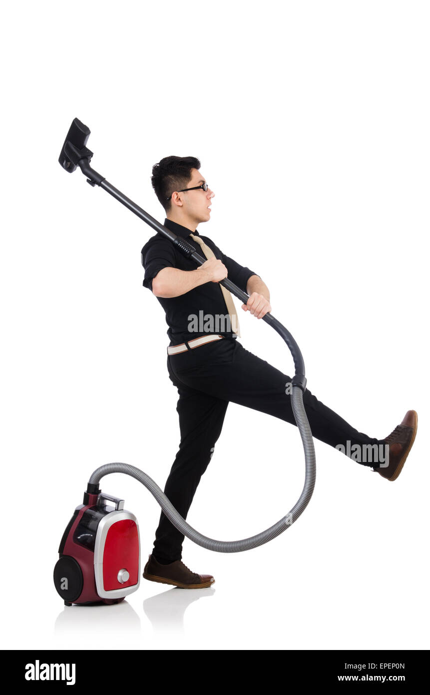 Man with vacuum cleaner isolated on white Stock Photo - Alamy