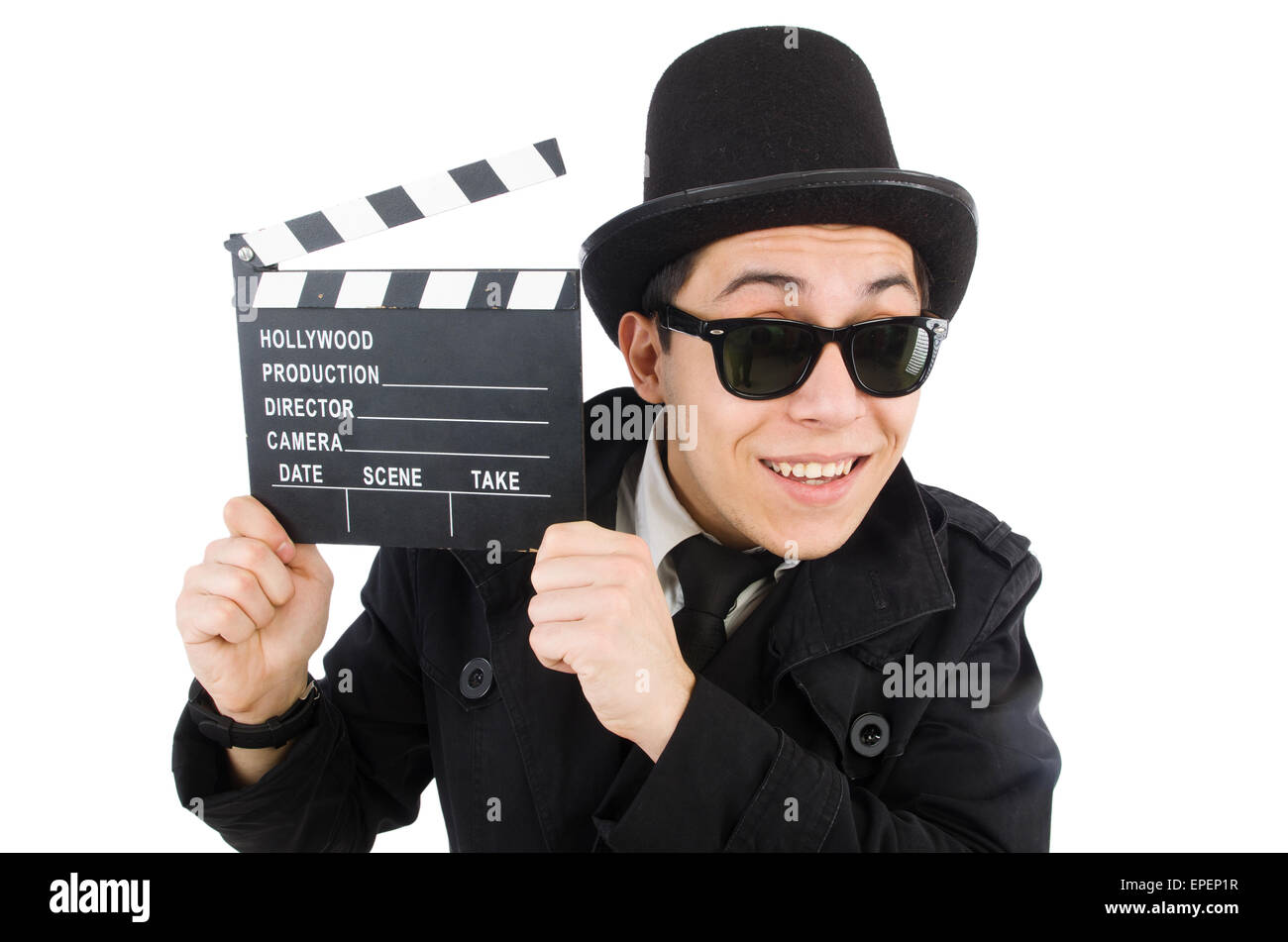 Man with movie clapper isolated on white Stock Photo - Alamy