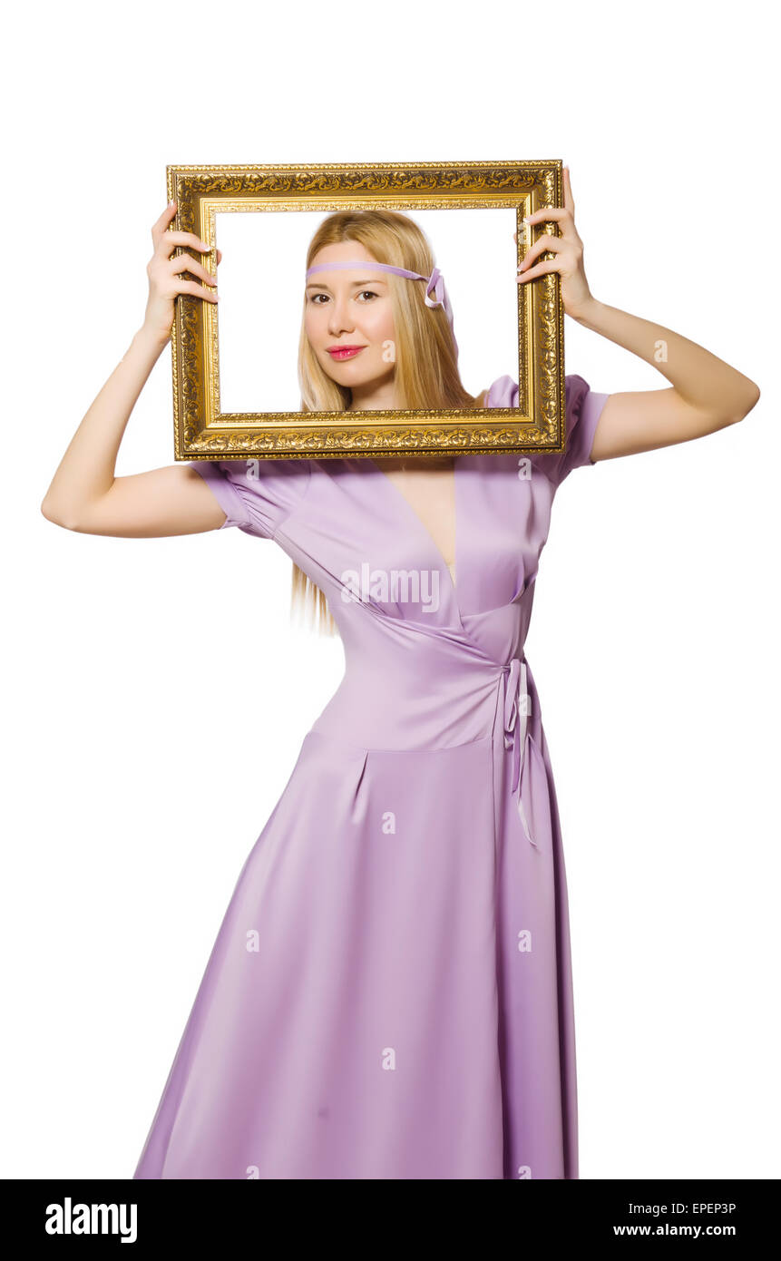 Woman with picture frame on white Stock Photo - Alamy