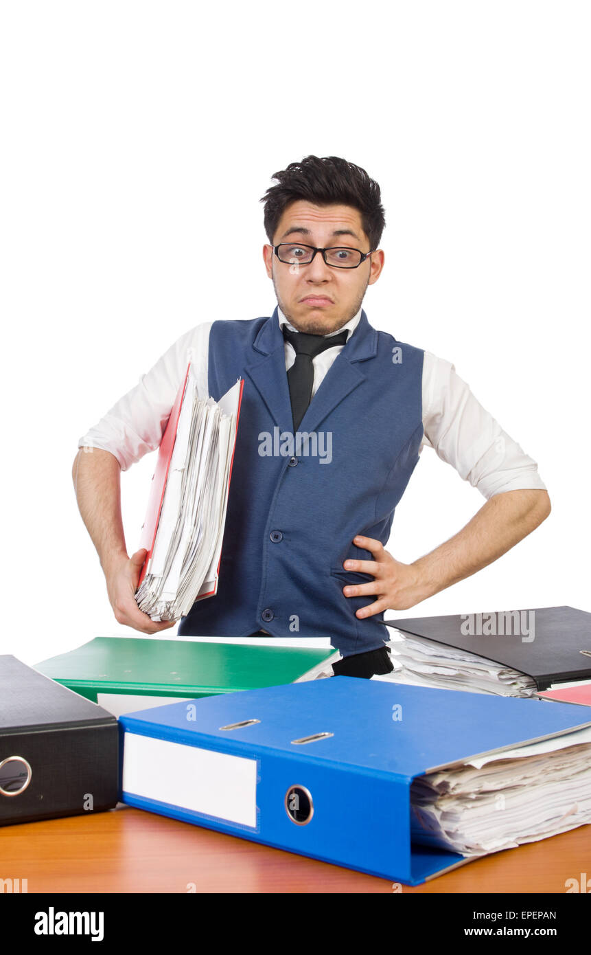 Funny man with lots of folders on white Stock Photo - Alamy