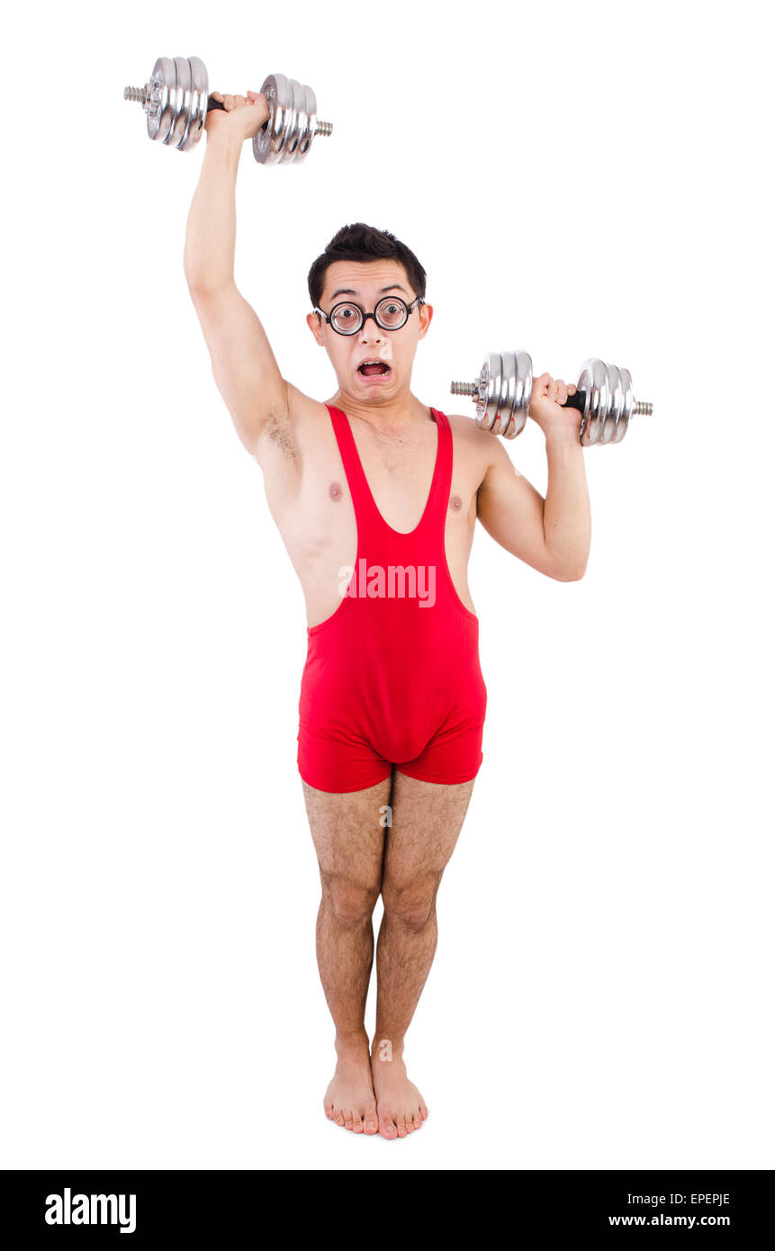 Funny guy with dumbbels on white Stock Photo - Alamy