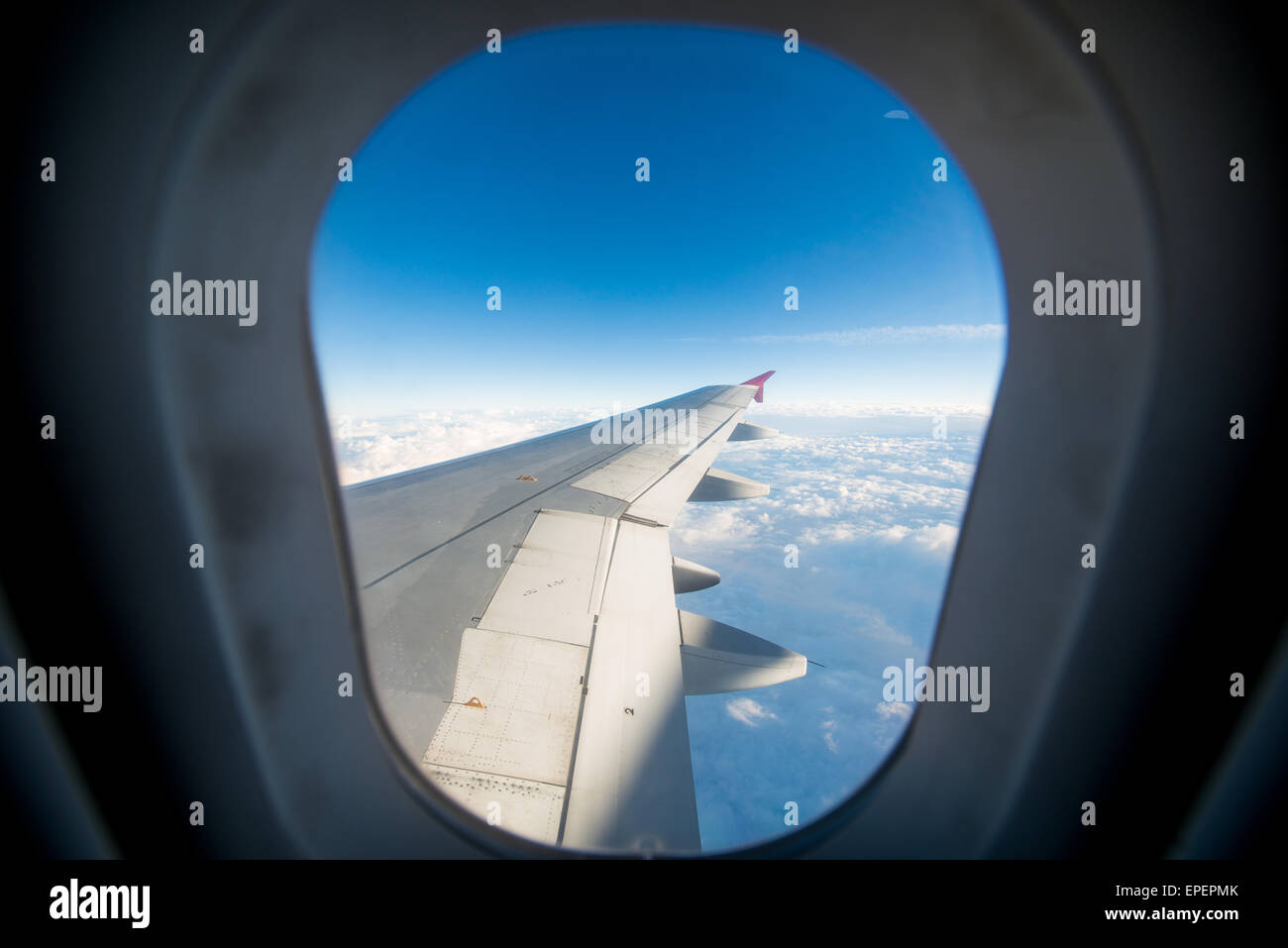 Airplane wing out of window Stock Photo - Alamy
