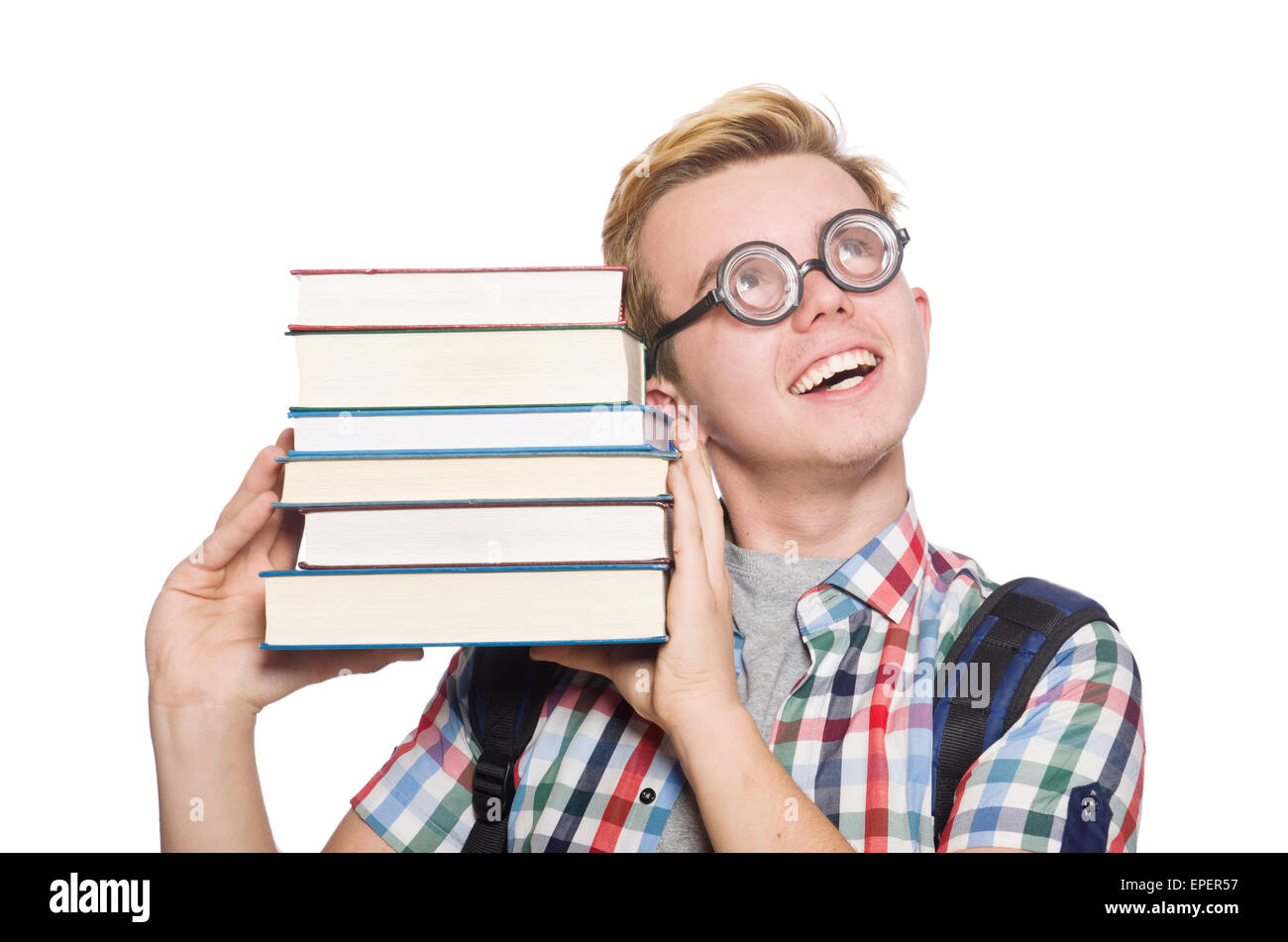 Funny student with stack of books Stock Photo - Alamy