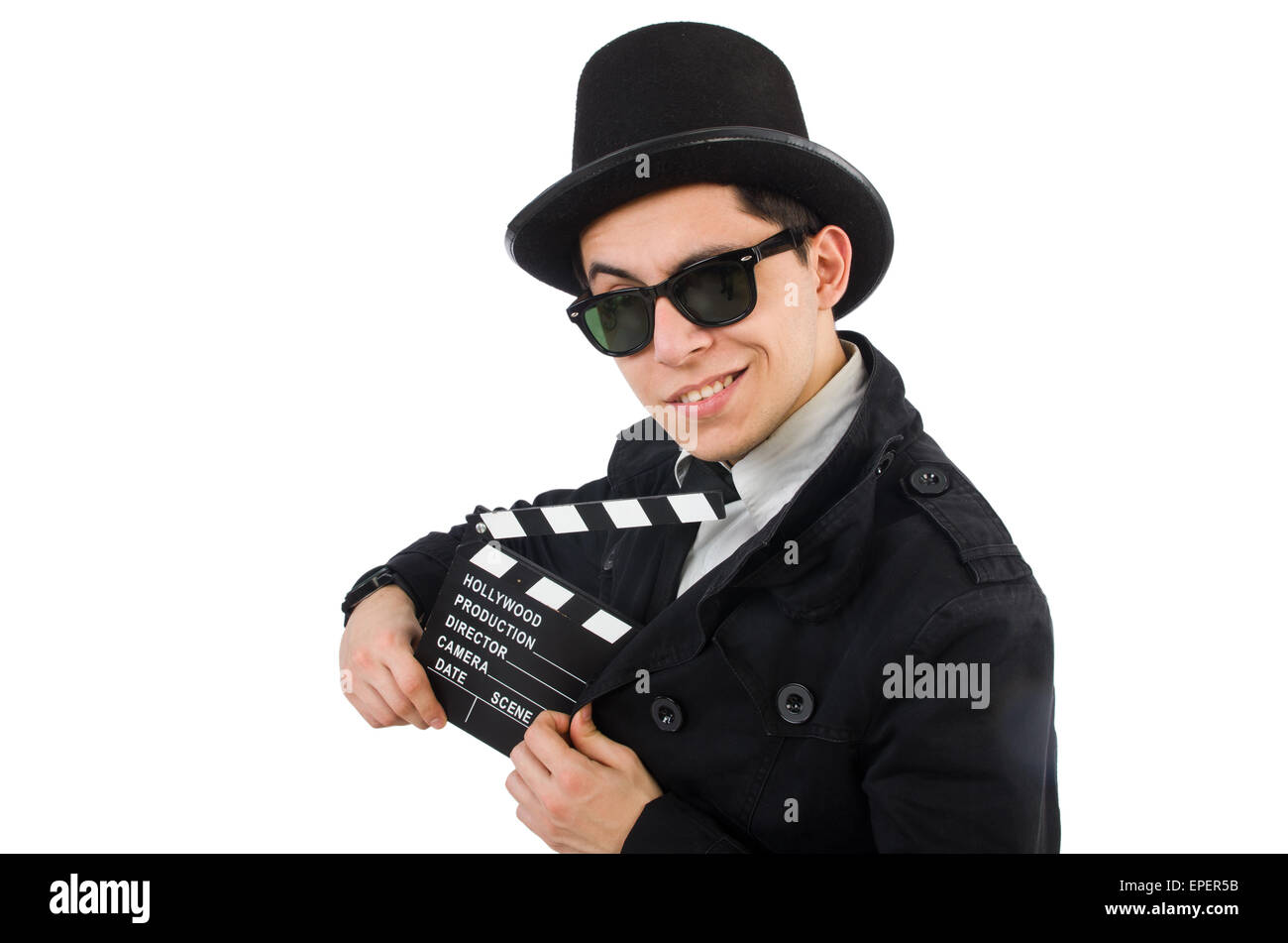 Man with movie clapper isolated on white Stock Photo - Alamy