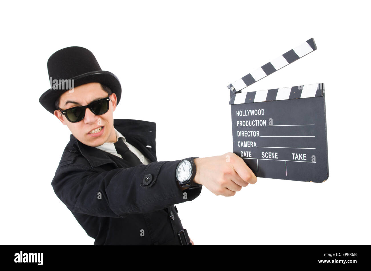 Man with movie clapper isolated on white Stock Photo - Alamy