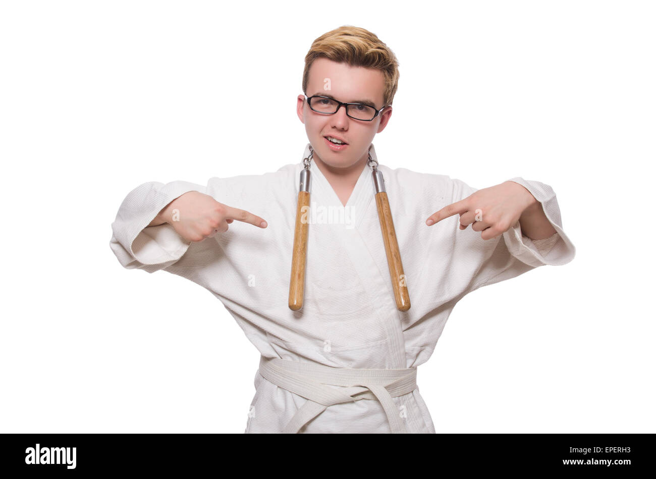 Funny karate fighter with nunchucks on white Stock Photo - Alamy