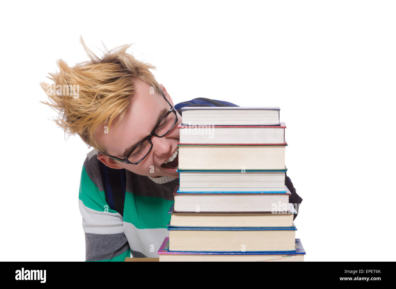 Funny student with stack of books Stock Photo - Alamy