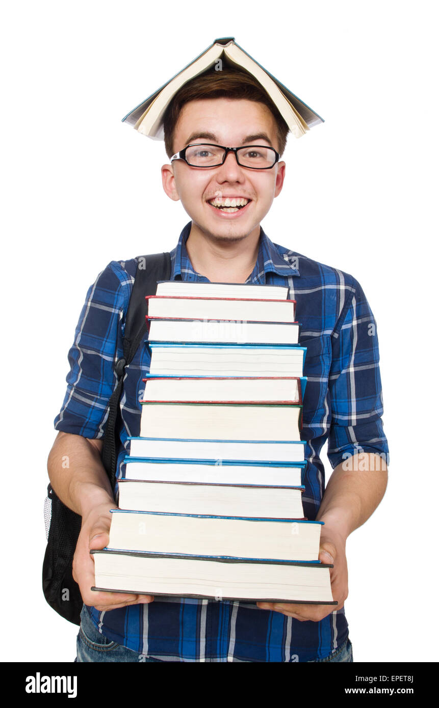 Funny student with stack of books Stock Photo - Alamy