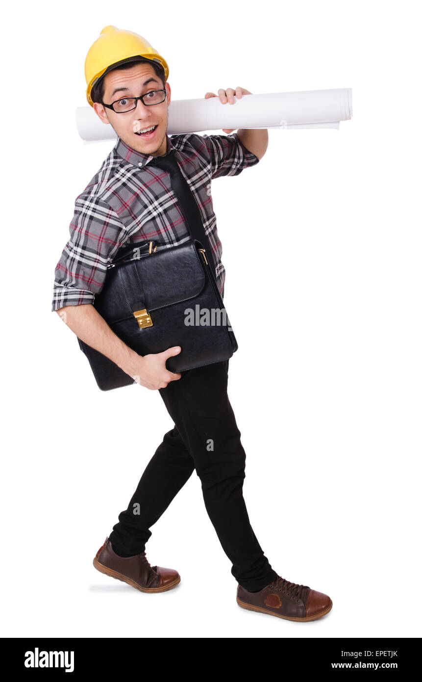Funny man with blueprints on white Stock Photo - Alamy
