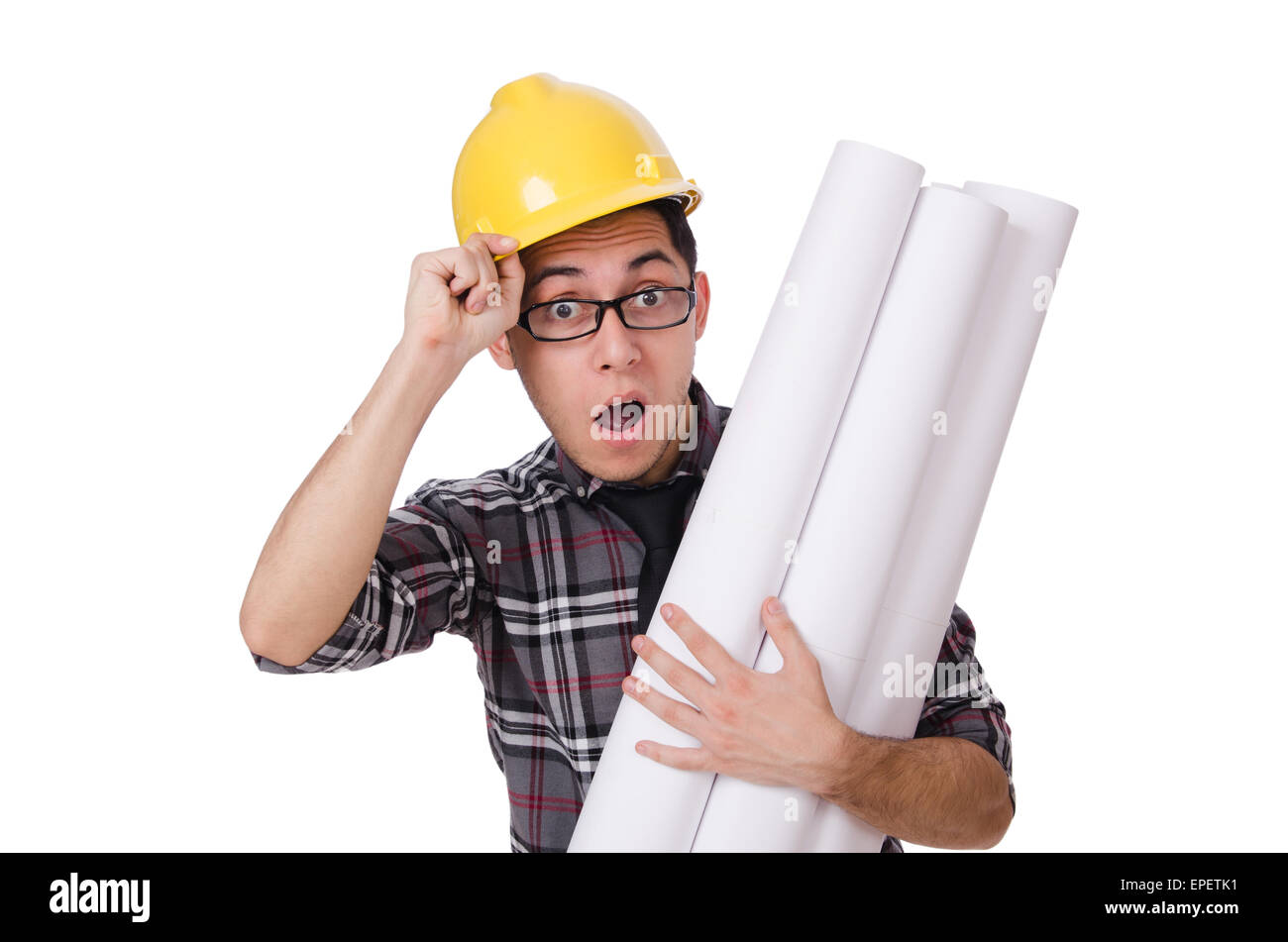 Funny man with blueprints on white Stock Photo - Alamy