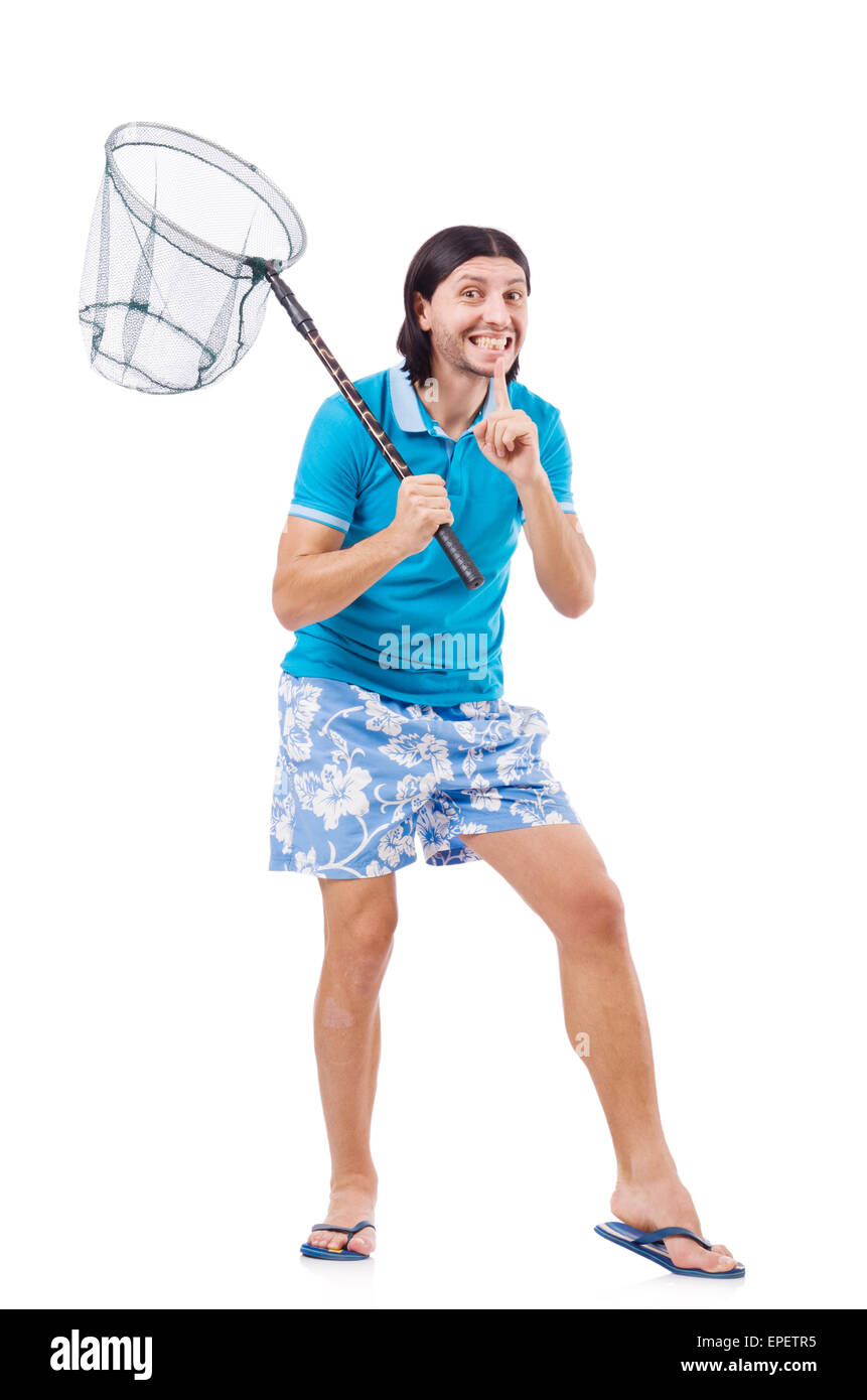 Funny guy with empty butterfly net Stock Photo - Alamy