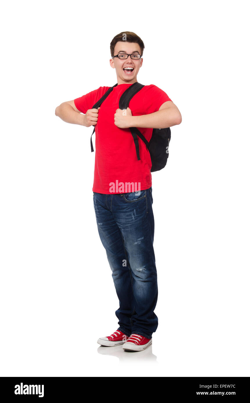 Student with backpack isolated on white Stock Photo - Alamy