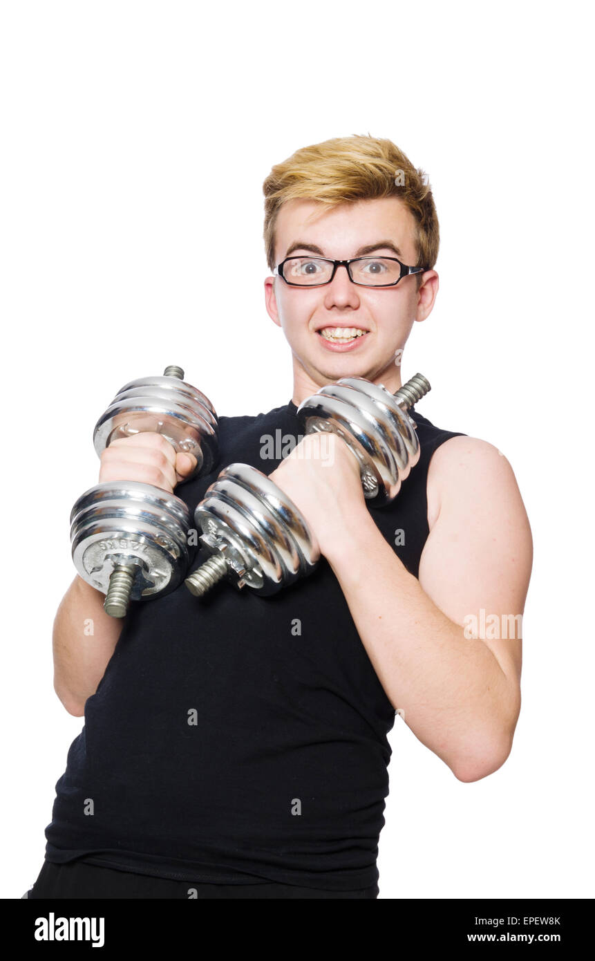 Man with dumbbells isolated on white Stock Photo - Alamy