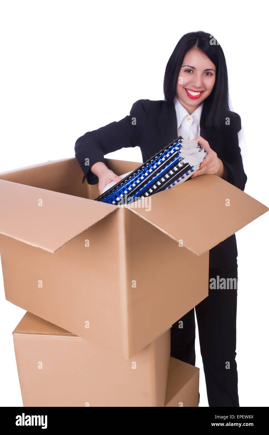 Young woman moving jobs isolated on white Stock Photo - Alamy