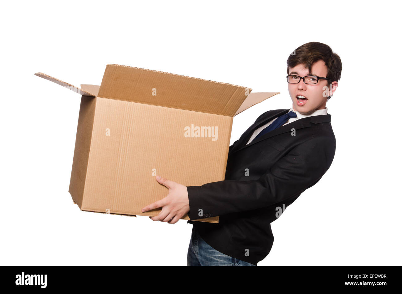 Funny man with boxes isolated on white Stock Photo - Alamy