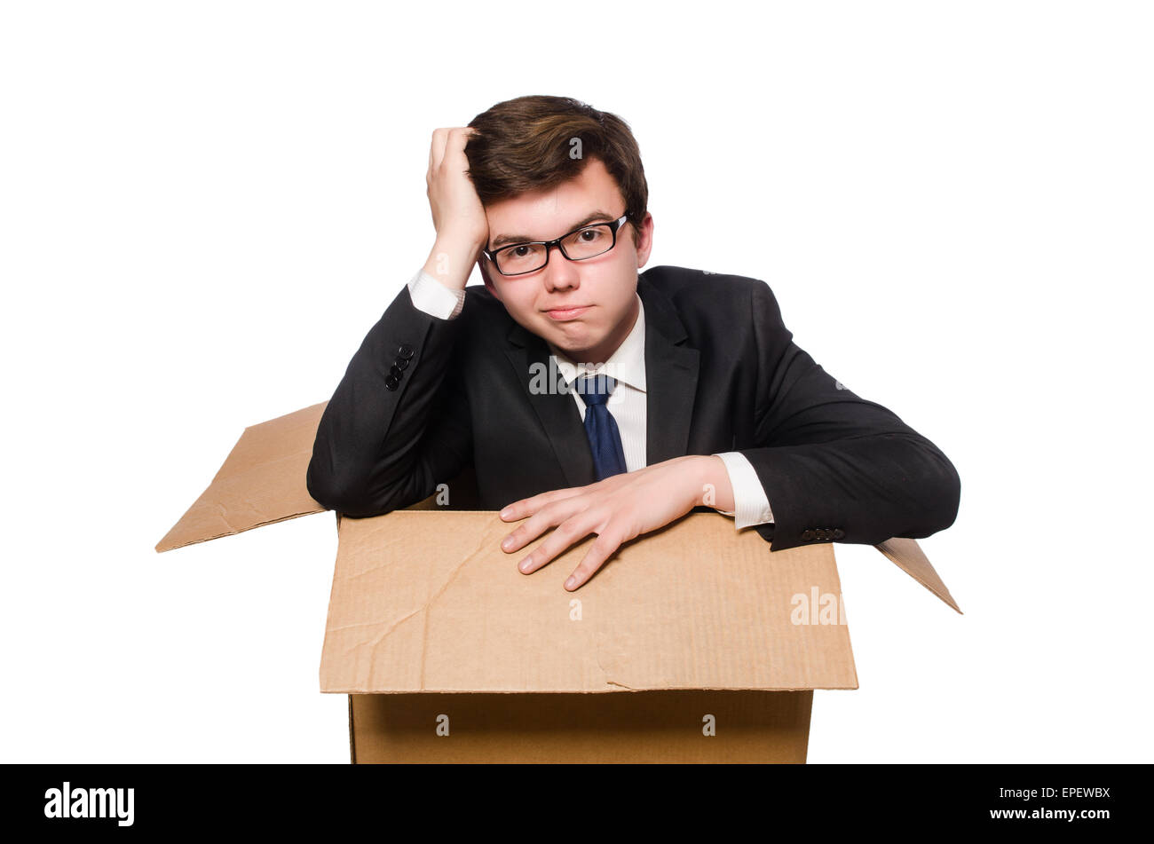 Funny man with boxes isolated on white Stock Photo - Alamy