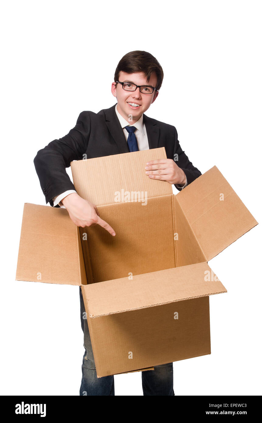 Funny man with boxes isolated on white Stock Photo - Alamy