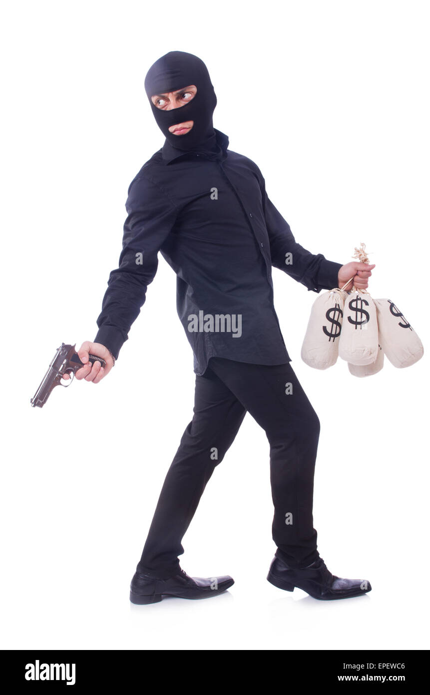 Funny criminal with gun isolated on white Stock Photo - Alamy