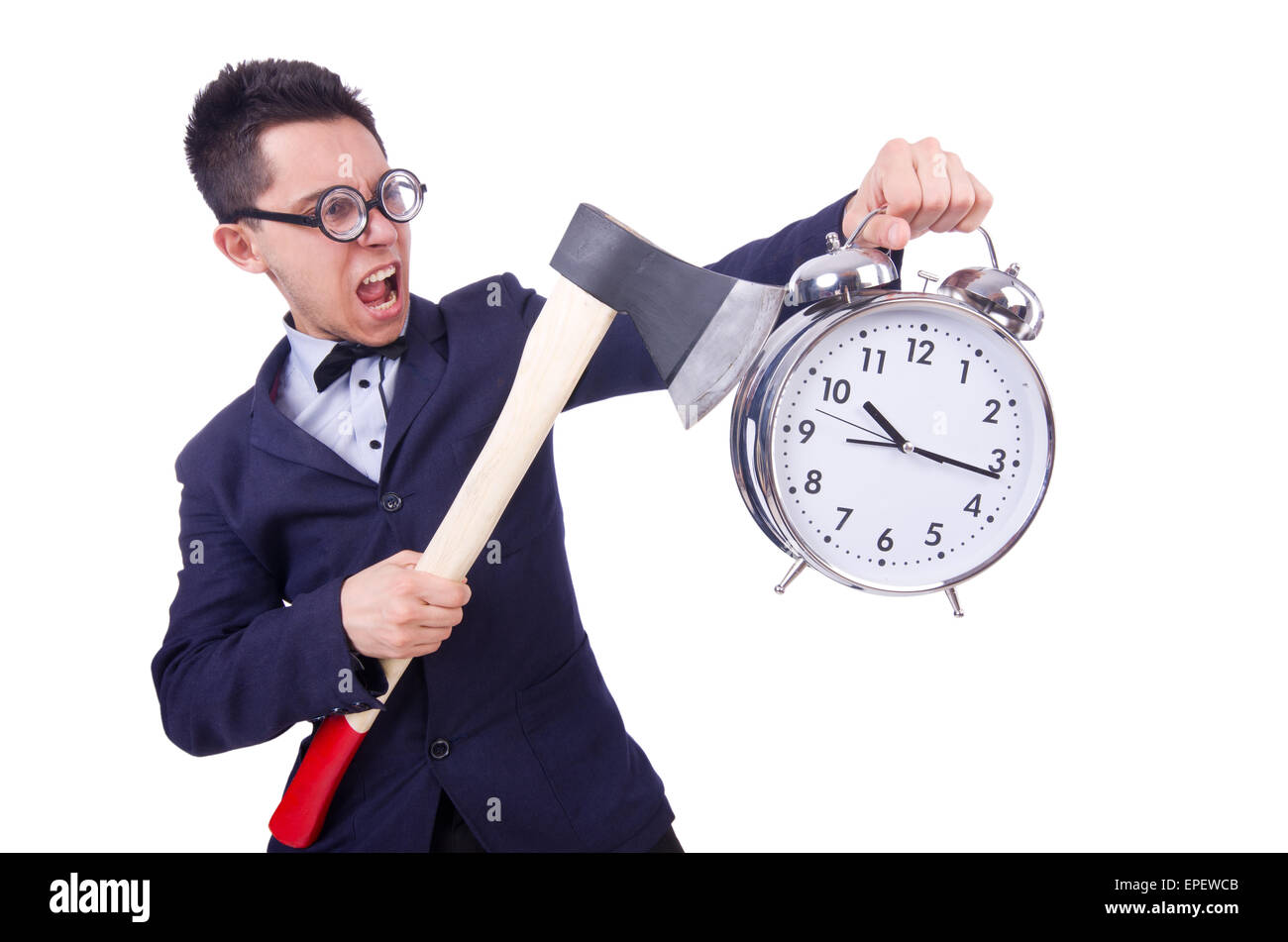 Funny man with axe and clock on white Stock Photo - Alamy