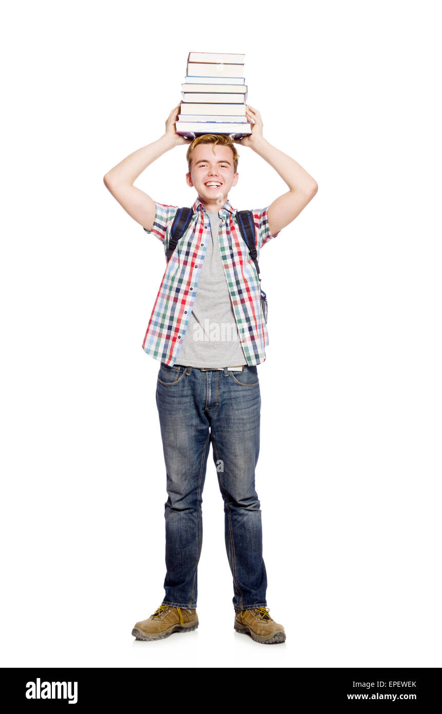 Funny student with stack of books Stock Photo - Alamy