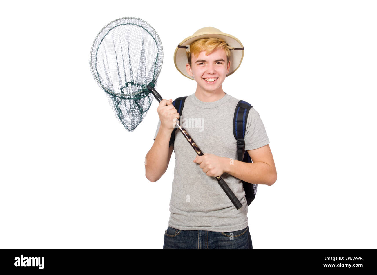 Funny guy with catching net on white Stock Photo - Alamy