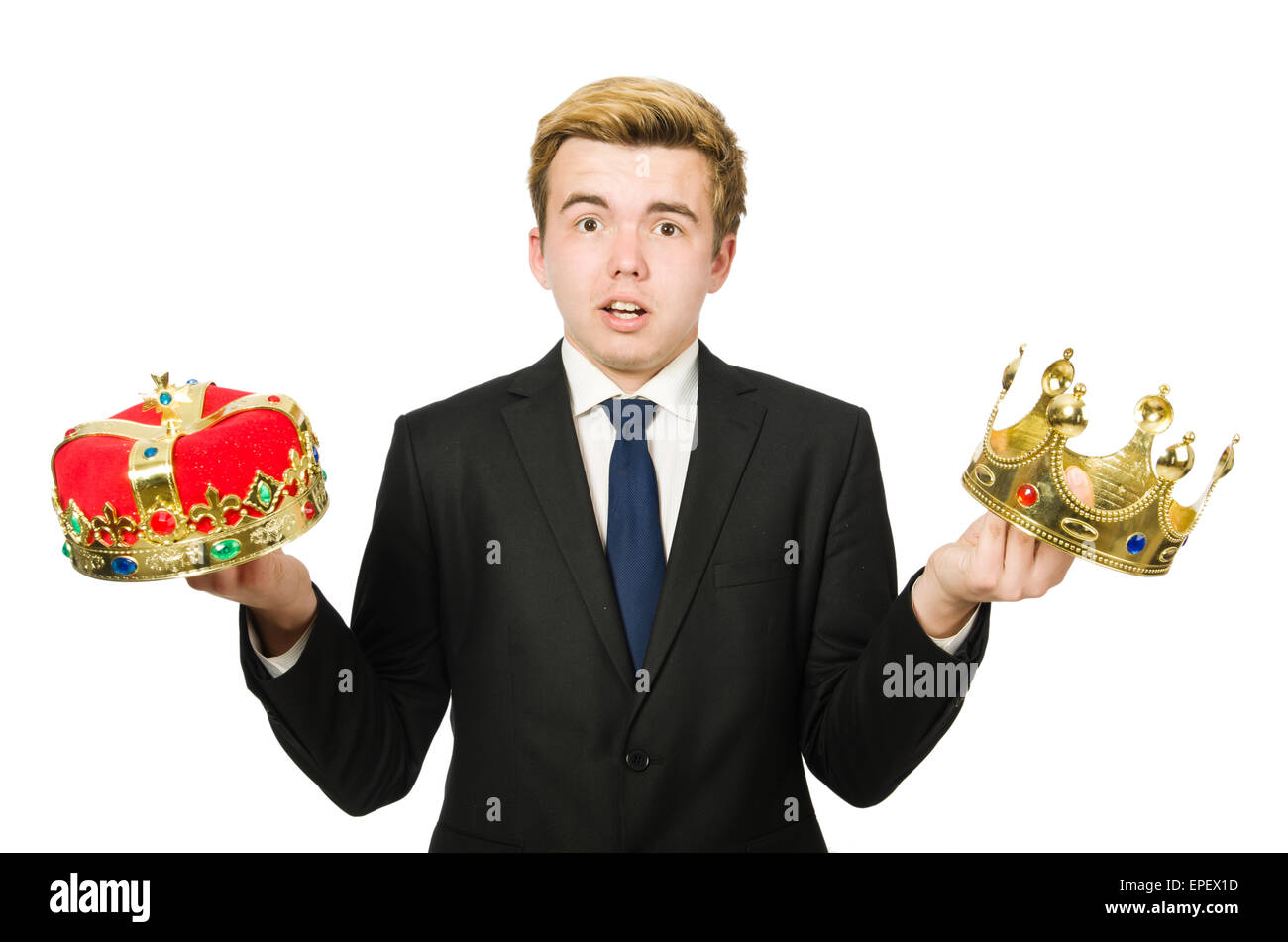 Businessman with crown isolated on white Stock Photo - Alamy