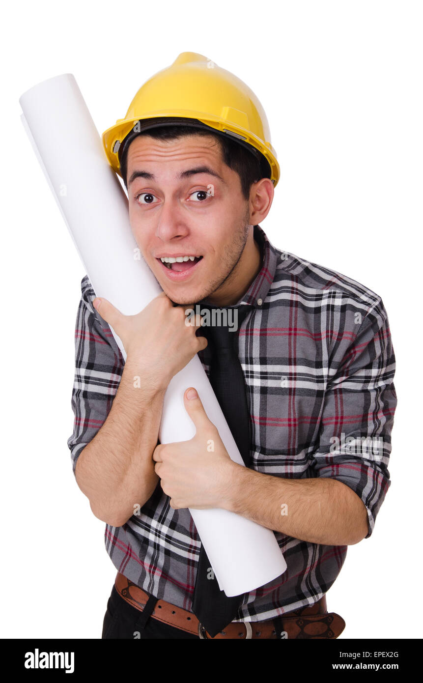 Funny man with blueprints on white Stock Photo - Alamy