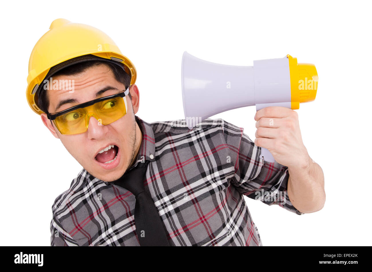 Construction supervisor shouting at megaphone Stock Photo - Alamy