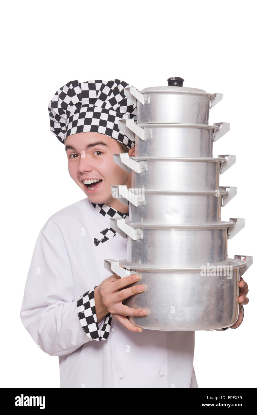 Cook with stack of pots on white Stock Photo - Alamy