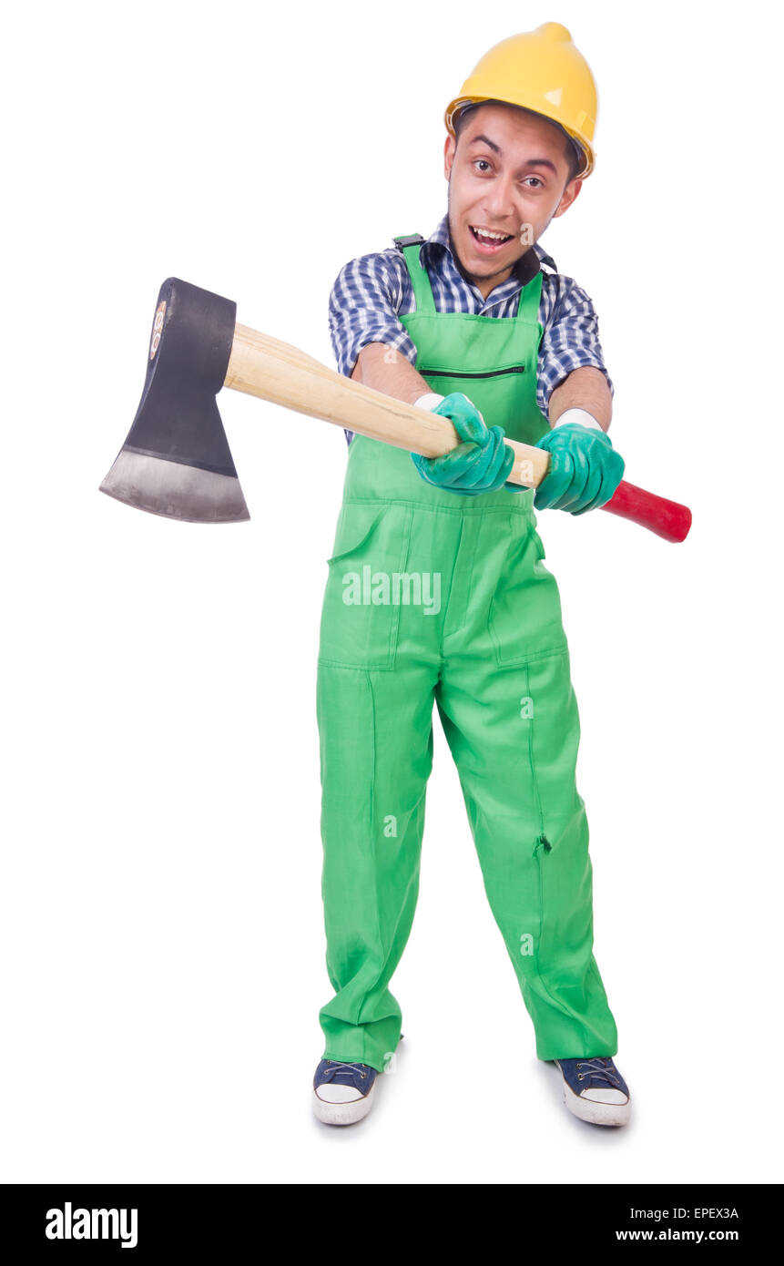 Funny man with axe isolated on white Stock Photo - Alamy