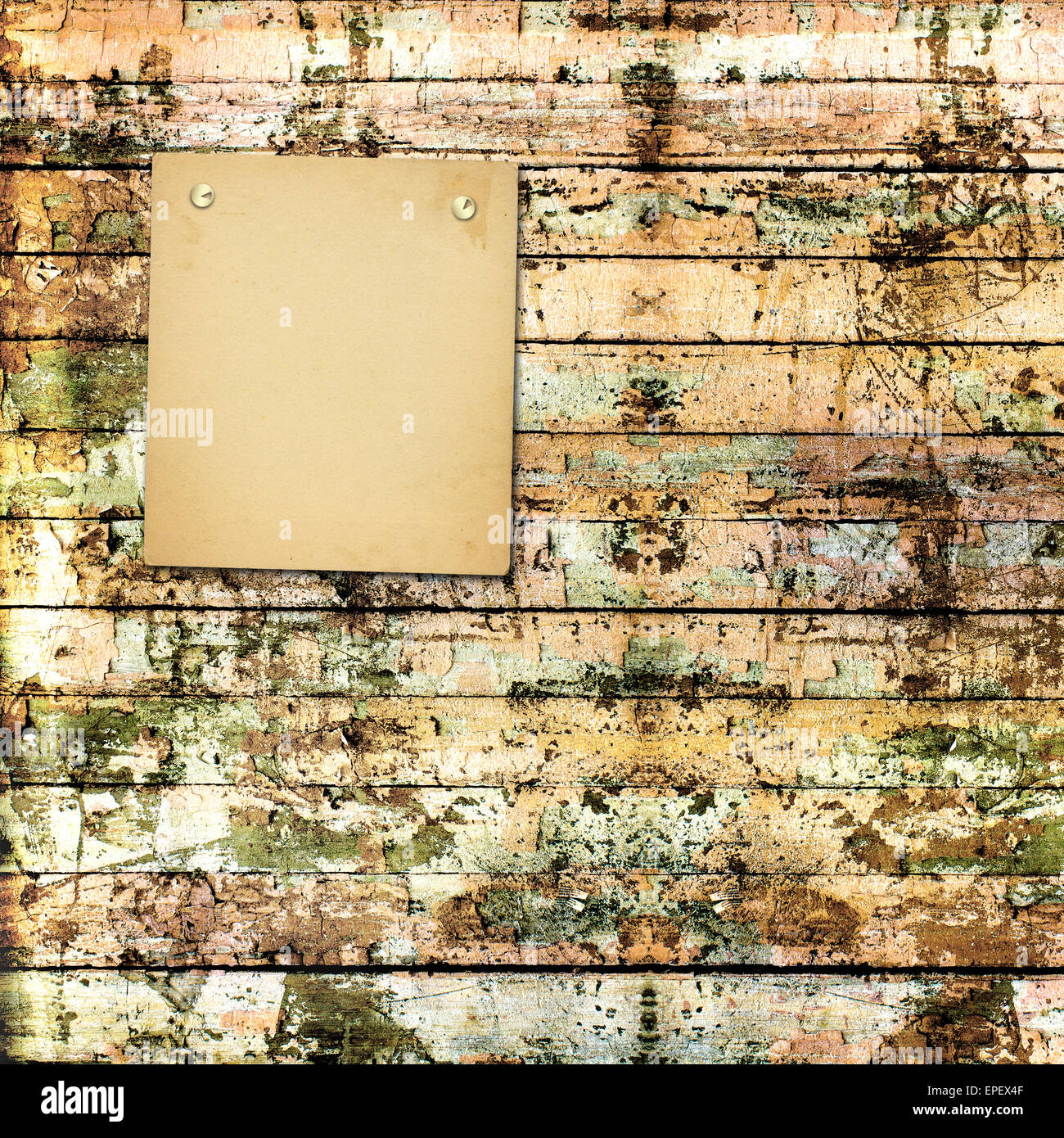 Old painted wooden plank with paper card for announcement Stock Photo ...