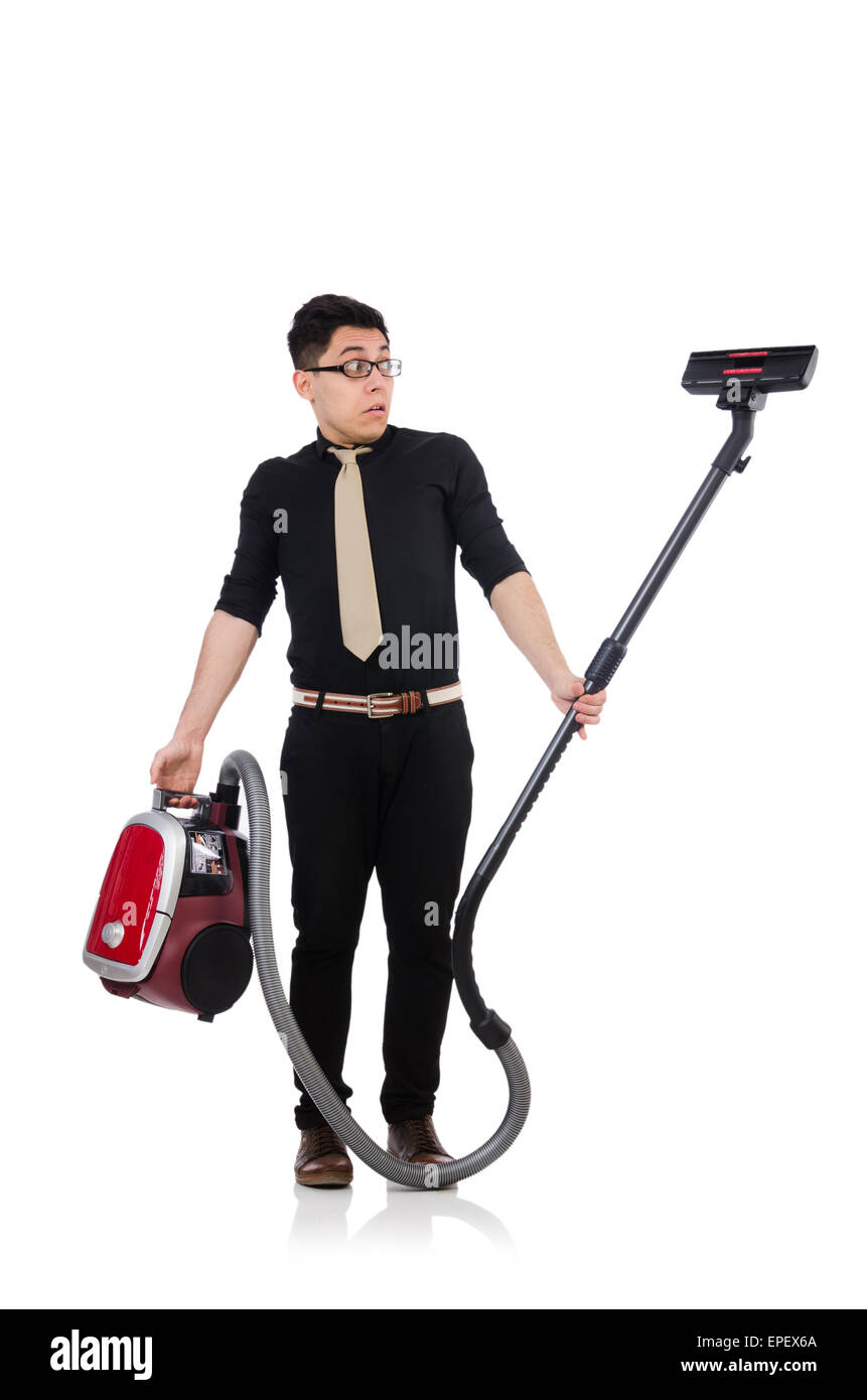Man with vacuum cleaner isolated on white Stock Photo - Alamy