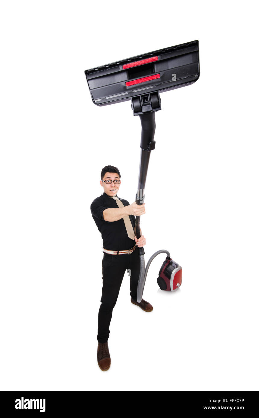 Man with vacuum cleaner isolated on white Stock Photo - Alamy